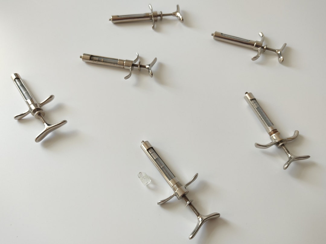 RARE RRR Vintage Medical Tool 2 Ml Glass Syringe 1 Pc Metal Antique Old ...