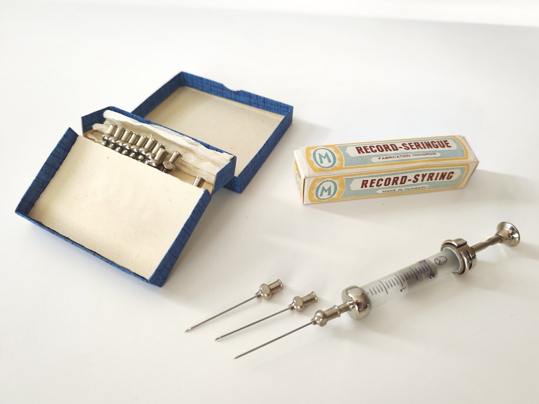 Vintage Medical 1 Pc / 2 ML Glass Syringe KIT Record Hypodermic Metal ...