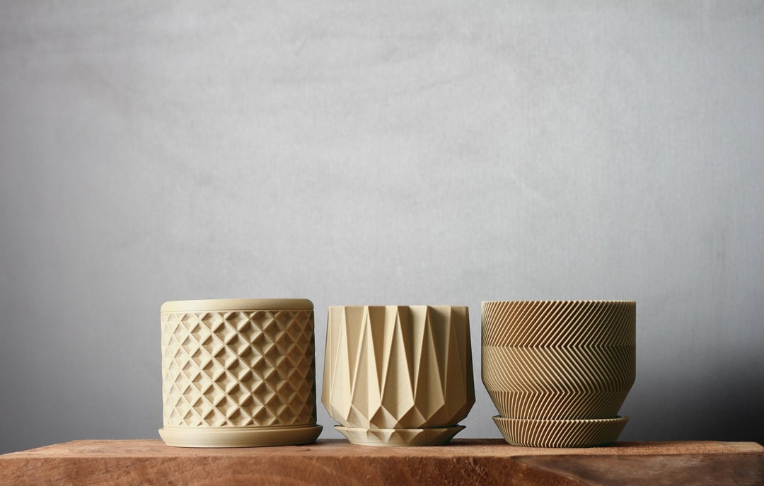 Set of 3 Planters in Desert Tan - Drainage Holes and Trays - Modern ...