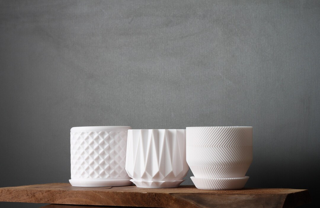 Set of 3 Planters in White - Drainage Holes and Trays - Modern Indoor ...