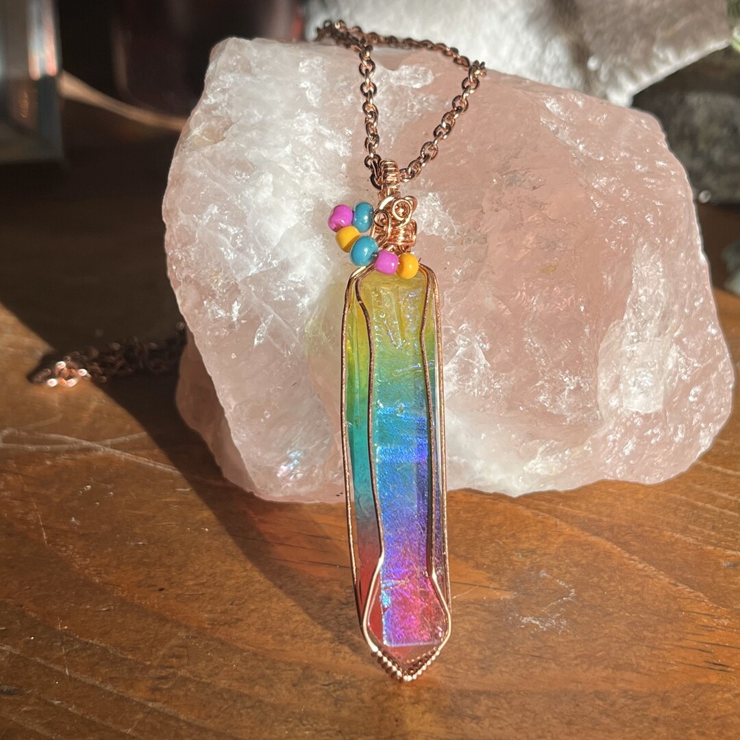 Rainbow Aura Clear Quartz Crystal Point Copper Wire Wrap With Chain for ...