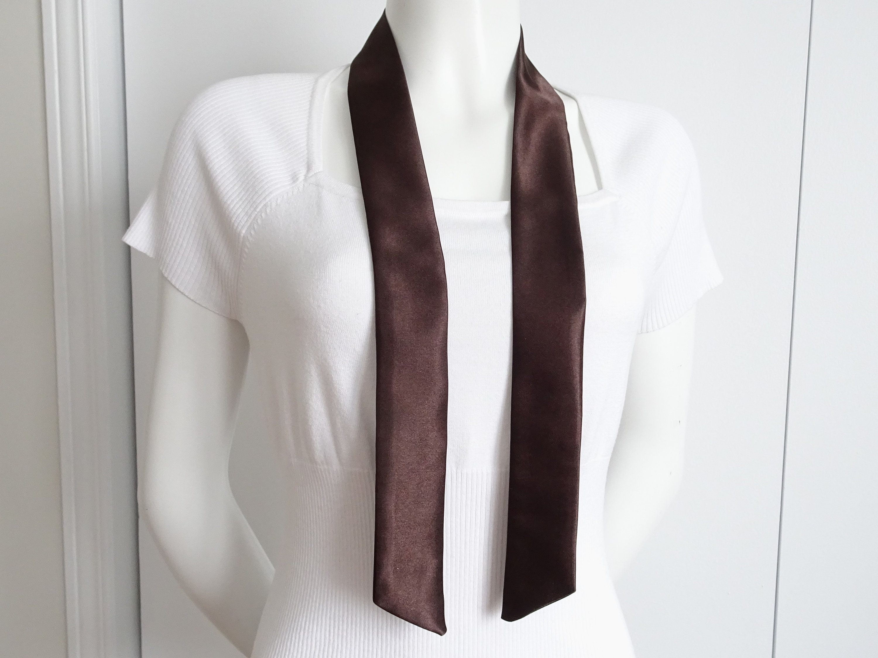 Dark Brown Skinny Scarf / Brown Satin Hair Scarf / Satin Belt - Etsy