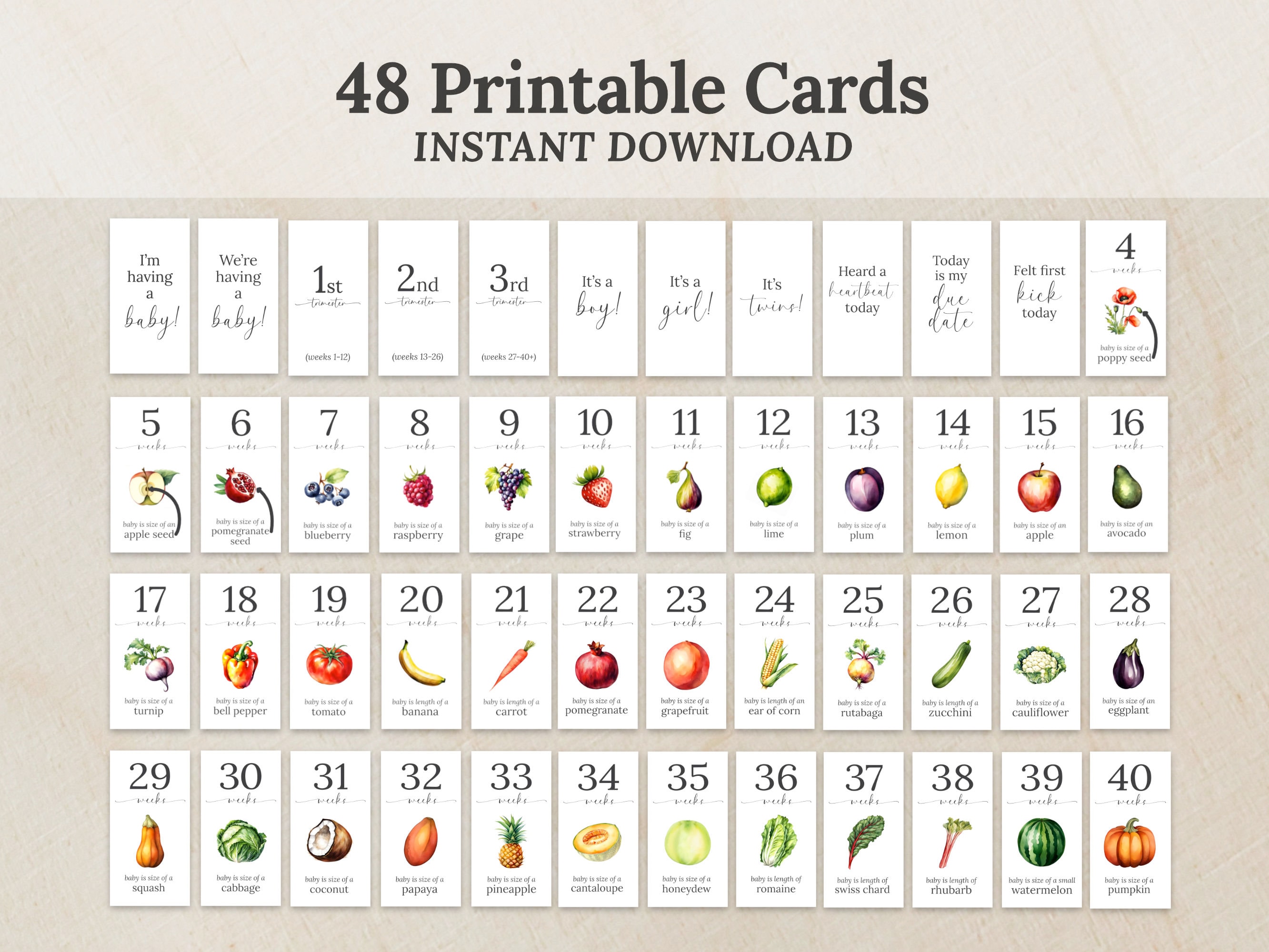 Printable Pregnancy Milestone Cards Minimal, Fruit & Veggie Baby ...