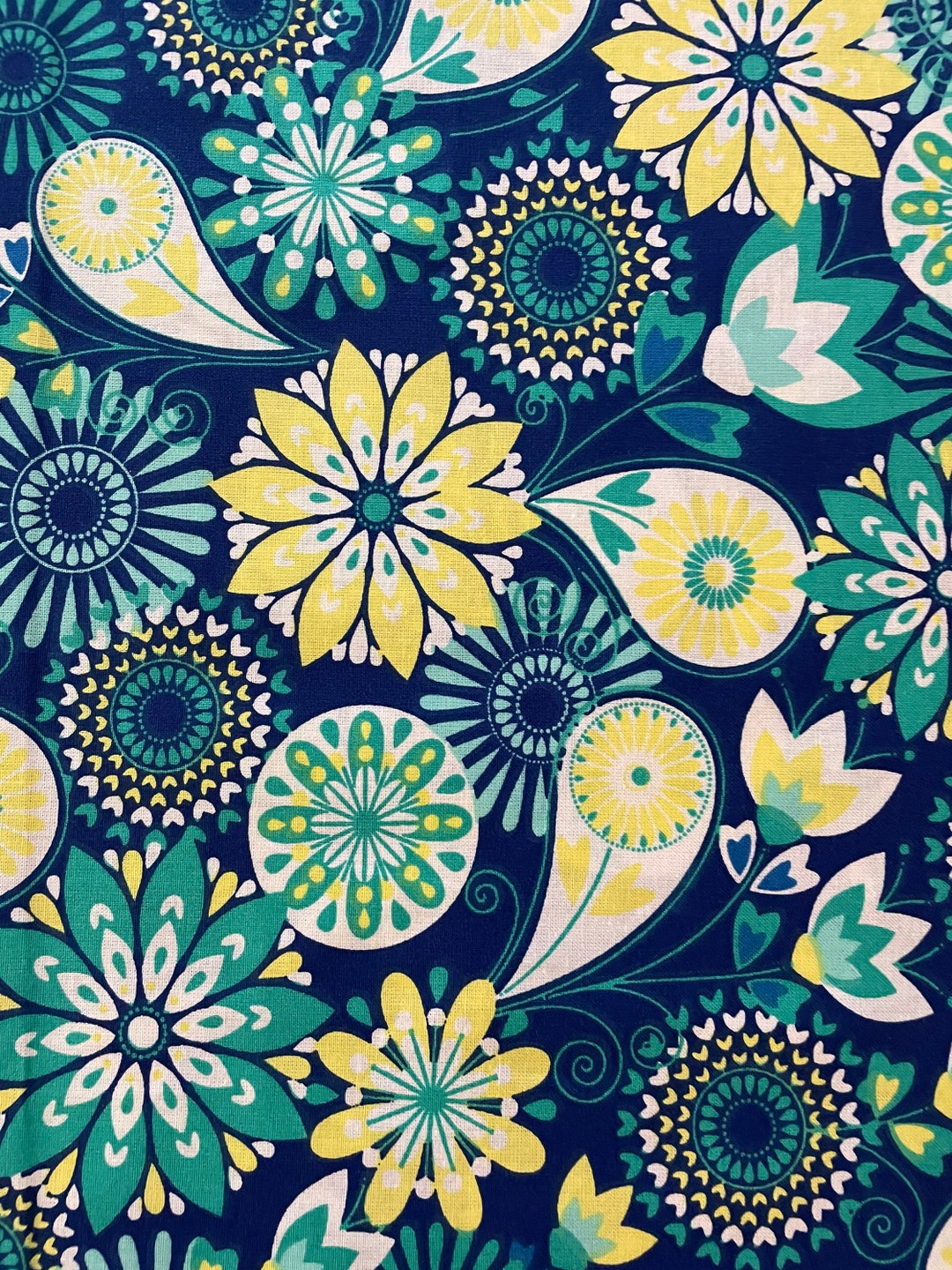 Navy Yellow Mandela Cotton Floral Fabric quilt-crafting-sewing - Etsy