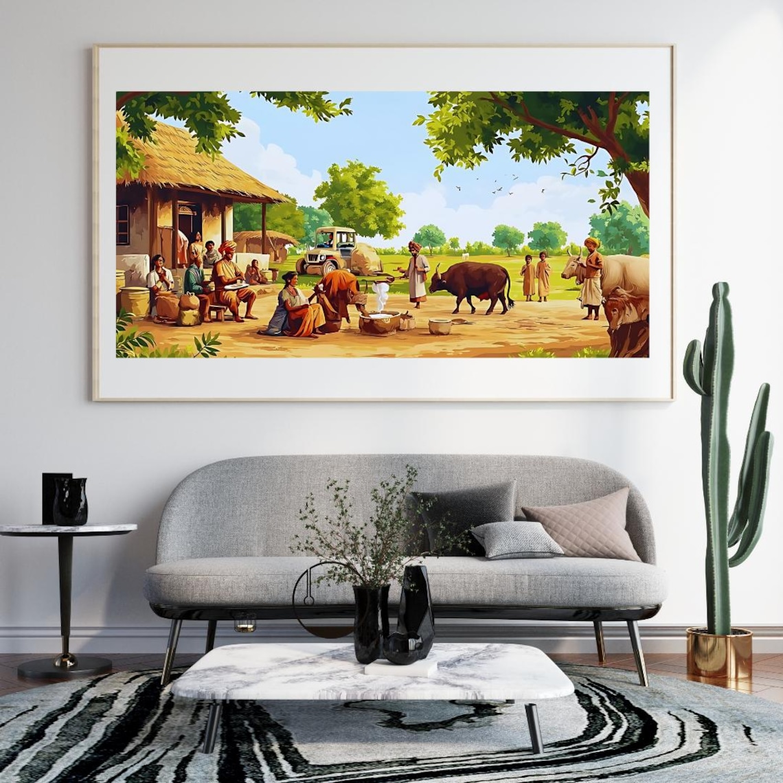 Indian Village Scene Painting, Cattle and Village People Wall Art ...