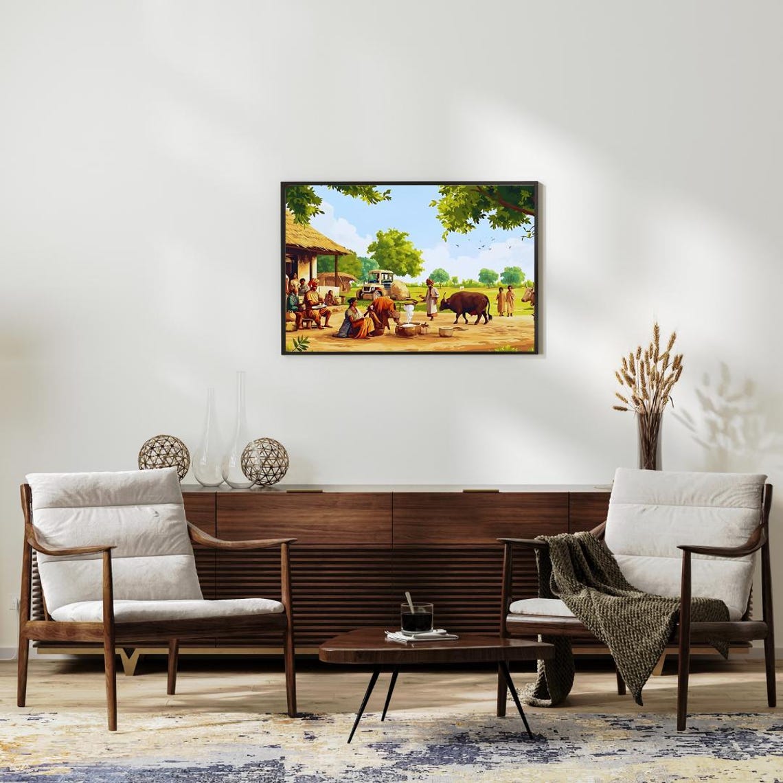 Indian Village Scene Painting, Cattle and Village People Wall Art ...