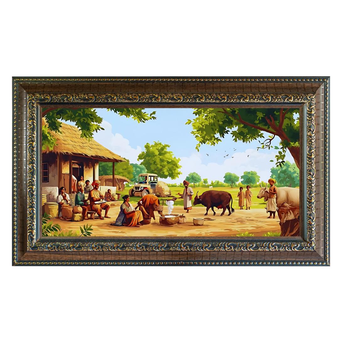 Indian Village Scene Painting, Cattle and Village People Wall Art ...
