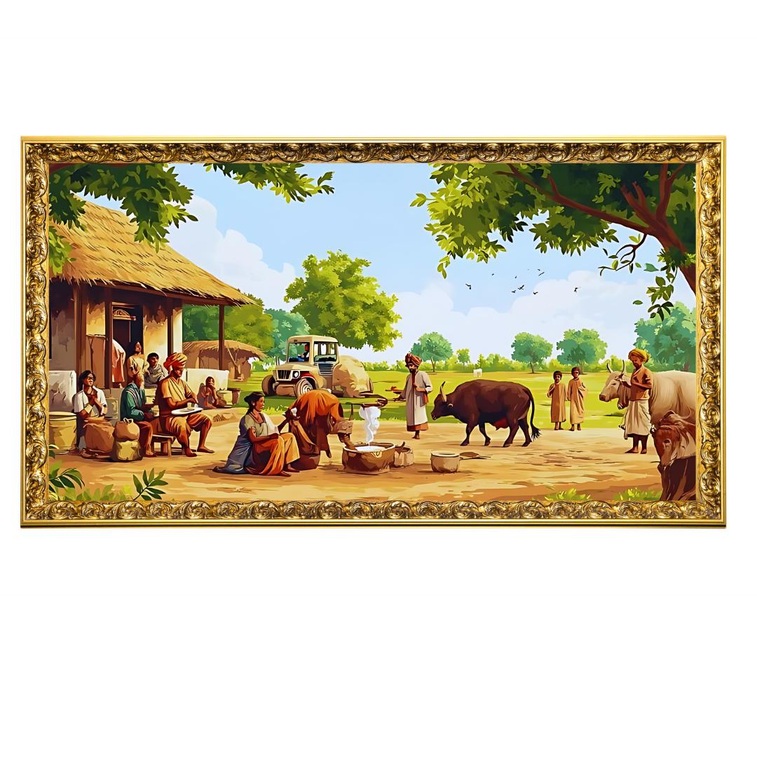 Indian Village Scene Painting, Cattle and Village People Wall Art ...