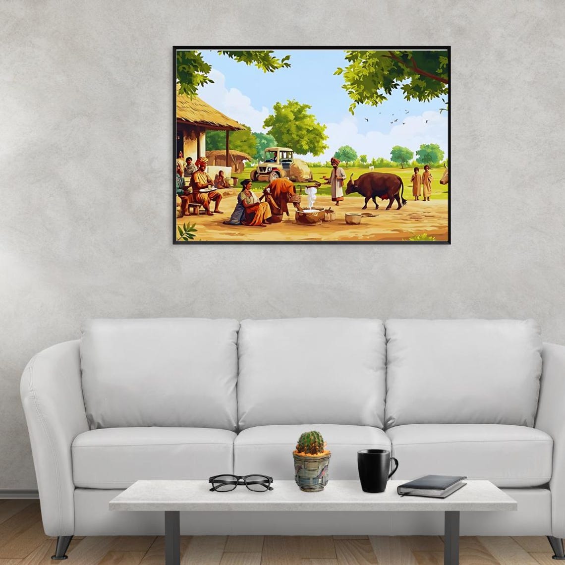 Indian Village Scene Painting, Cattle and Village People Wall Art ...
