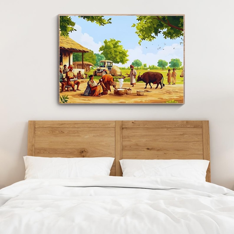 Indian Village Scene Painting, Cattle and Village People Wall Art ...