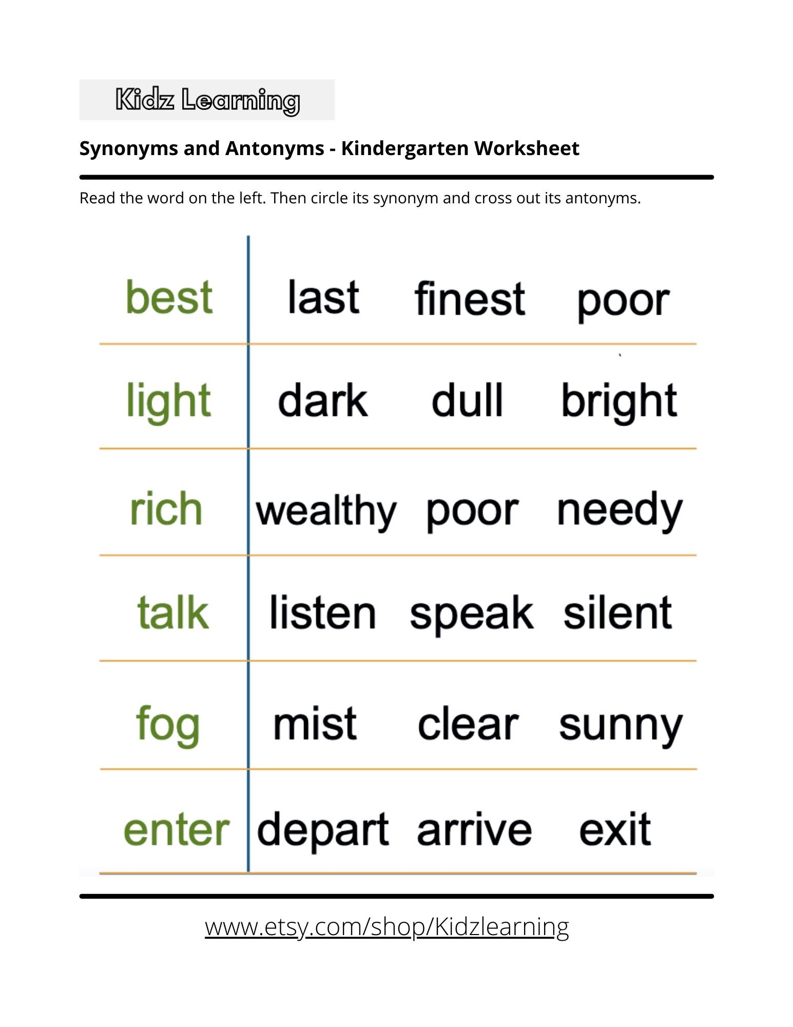 Synonyms Worksheets For 1st Grade