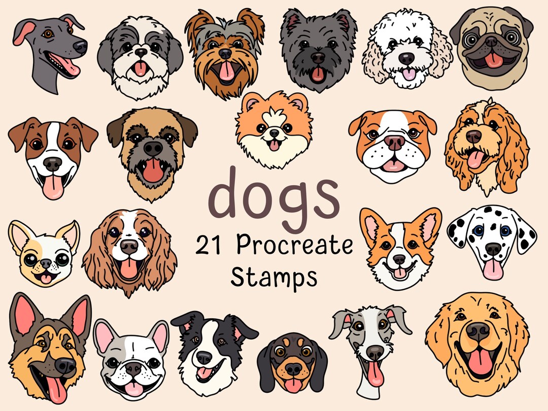 Dog Procreate Stamps, 21 Happy Dogs Head Procreate Stamps, Top Breeds ...