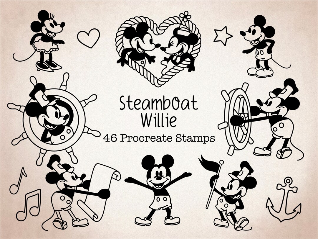 Steamboat Mouse Procreate Stamps - 46 Hand-drawn Vintage Style Digital ...