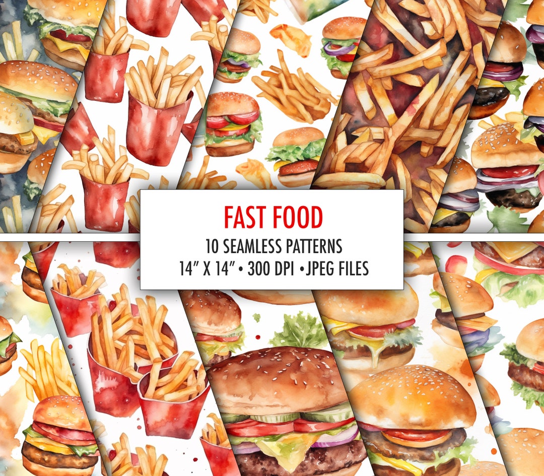 Fast Food Watercolor Seamless Patterns - Set of 10 Burger and Fries ...