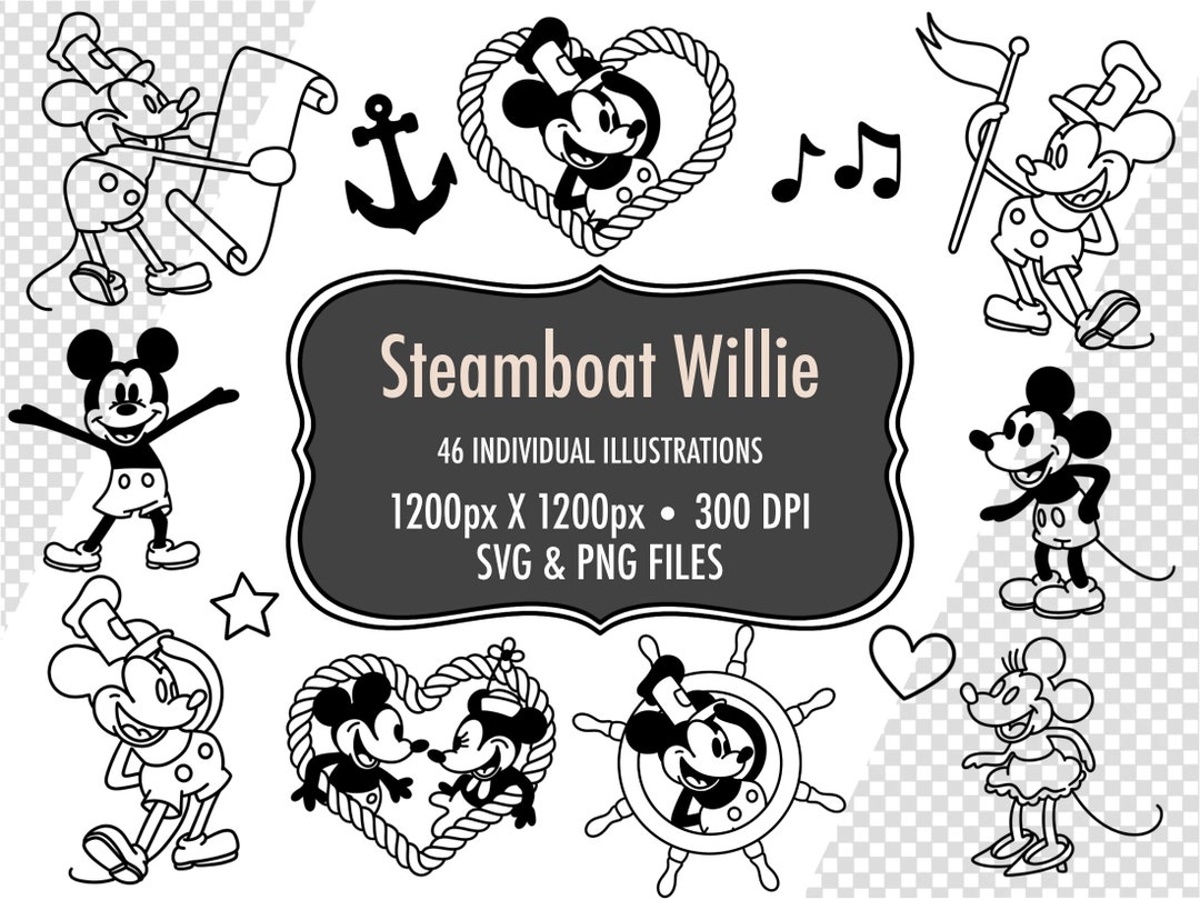 Steamboat Willie, Mickey Mouse Pngs and Svgs - 46 Hand-drawn Vintage ...