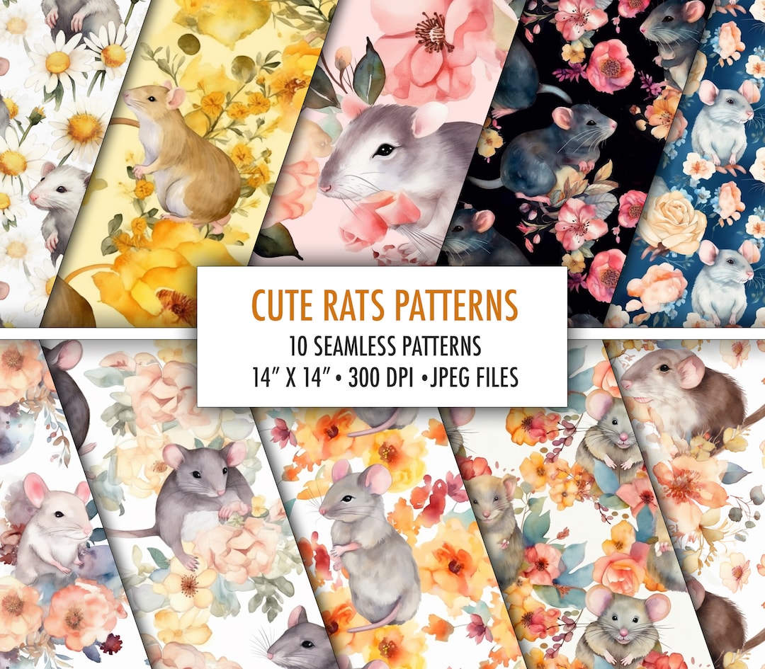 Adorable Watercolor Rat Patterns With Flowers - Commercial Free Digital ...