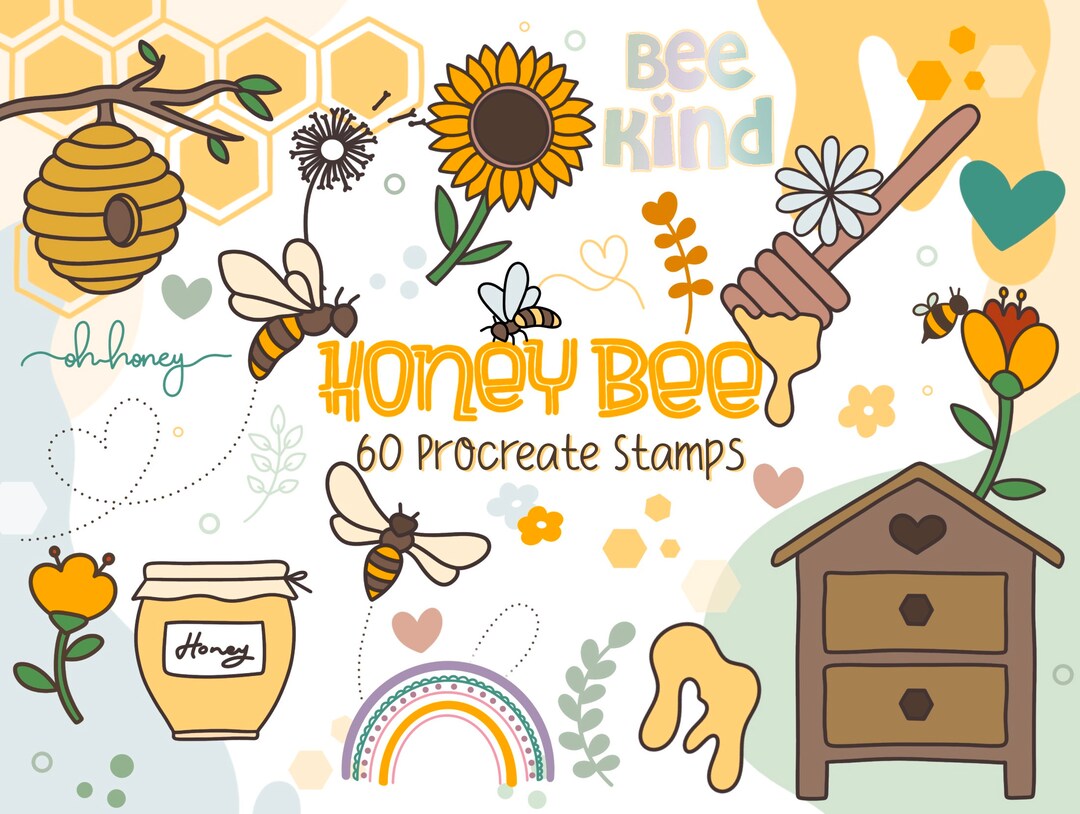 Honey Bee Doodle Stamps for Procreate, 60 Bee, Honey Bee Brushes for ...