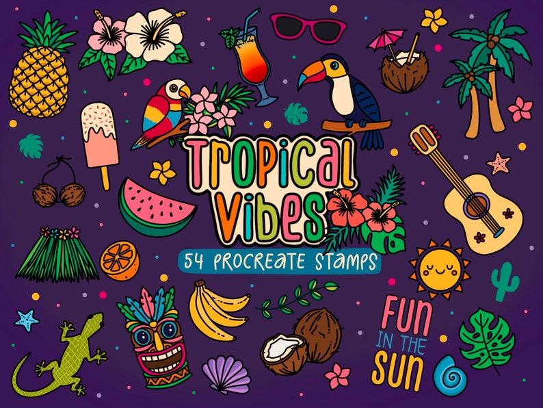 Tropical Procreate Stamps: Summer Doodles Brush Set (digital Download ...