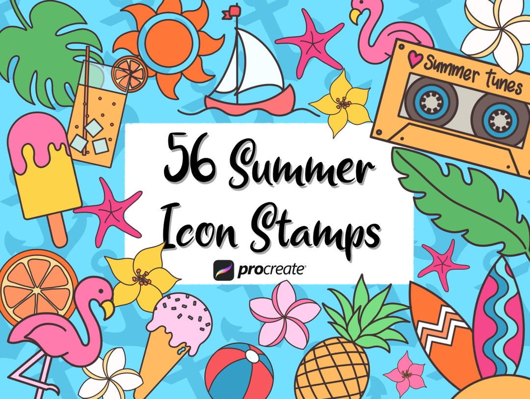 56 Summer Icon Stamps for Procreate: Beach & Holiday Brushes (digital ...