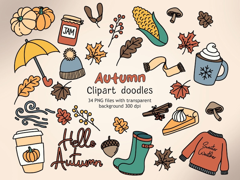 Autumn Doodle Clipart: Fall PNG Stickers (digital Download) - Etsy