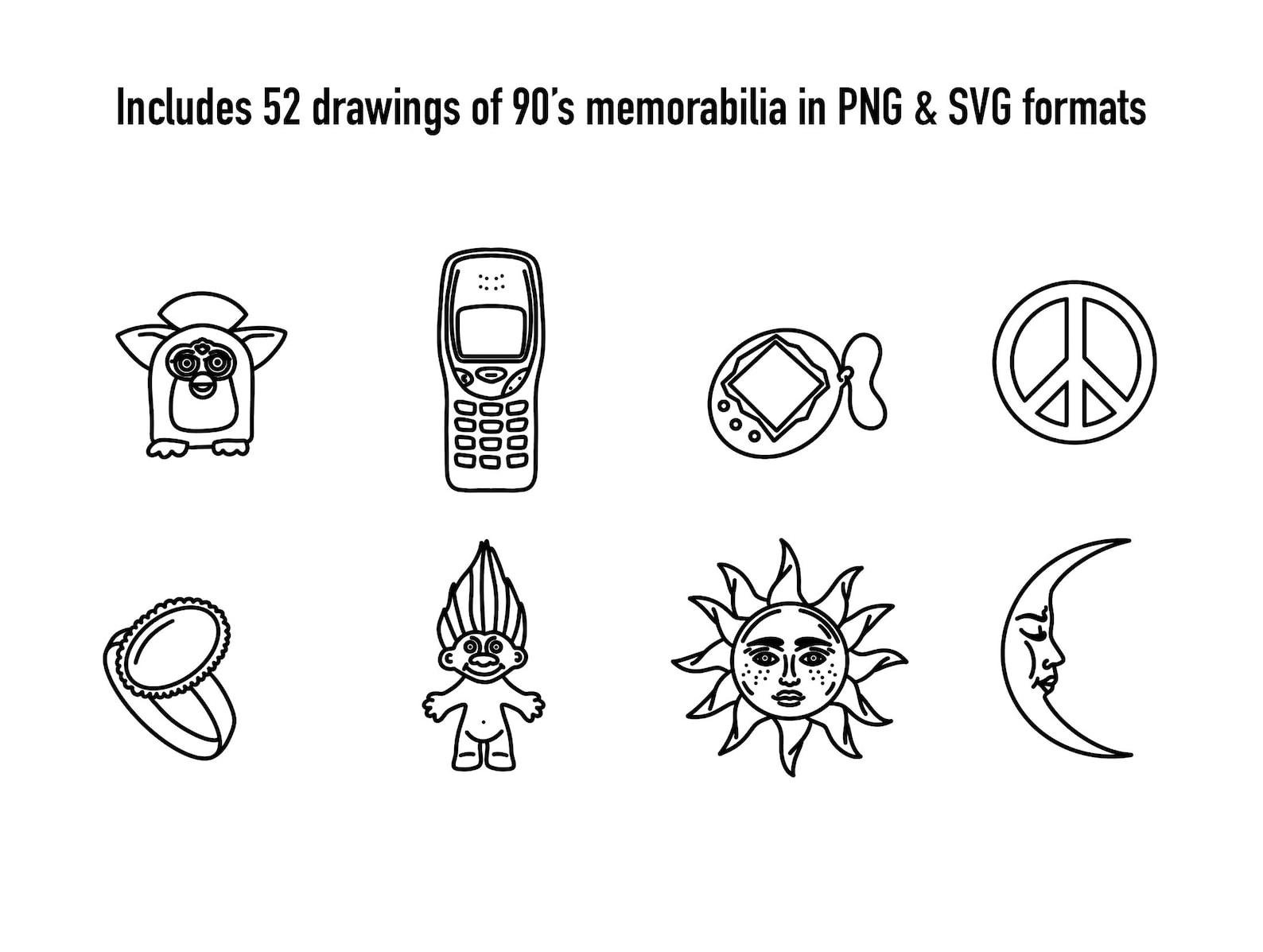 90's Pack Doodle SVG & PNG, 52 Nineties Illustrations Cut Files for ...