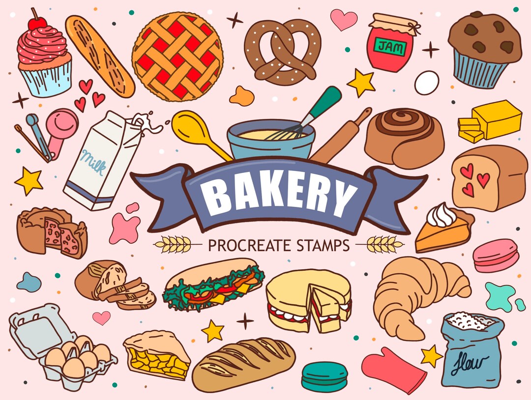 Bakery Stamps for Procreate: Pastries, Cakes, Kitchen Doodles (digital ...
