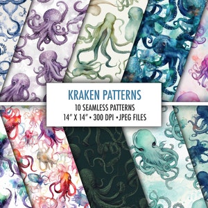Set of 10 Kraken Watercolor Patterns Ocean Marine Inspired Digital ...
