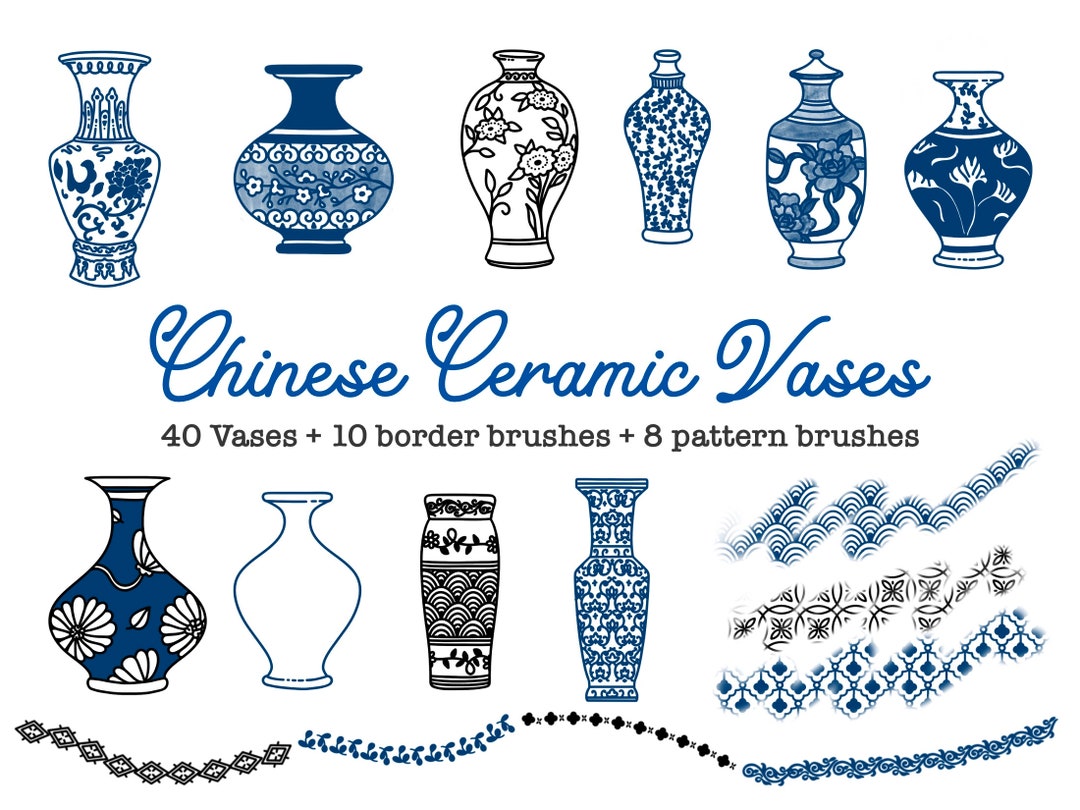 40 Chinese Vases Procreate Stamps With 10 Border Brushes and 8 Pattern ...