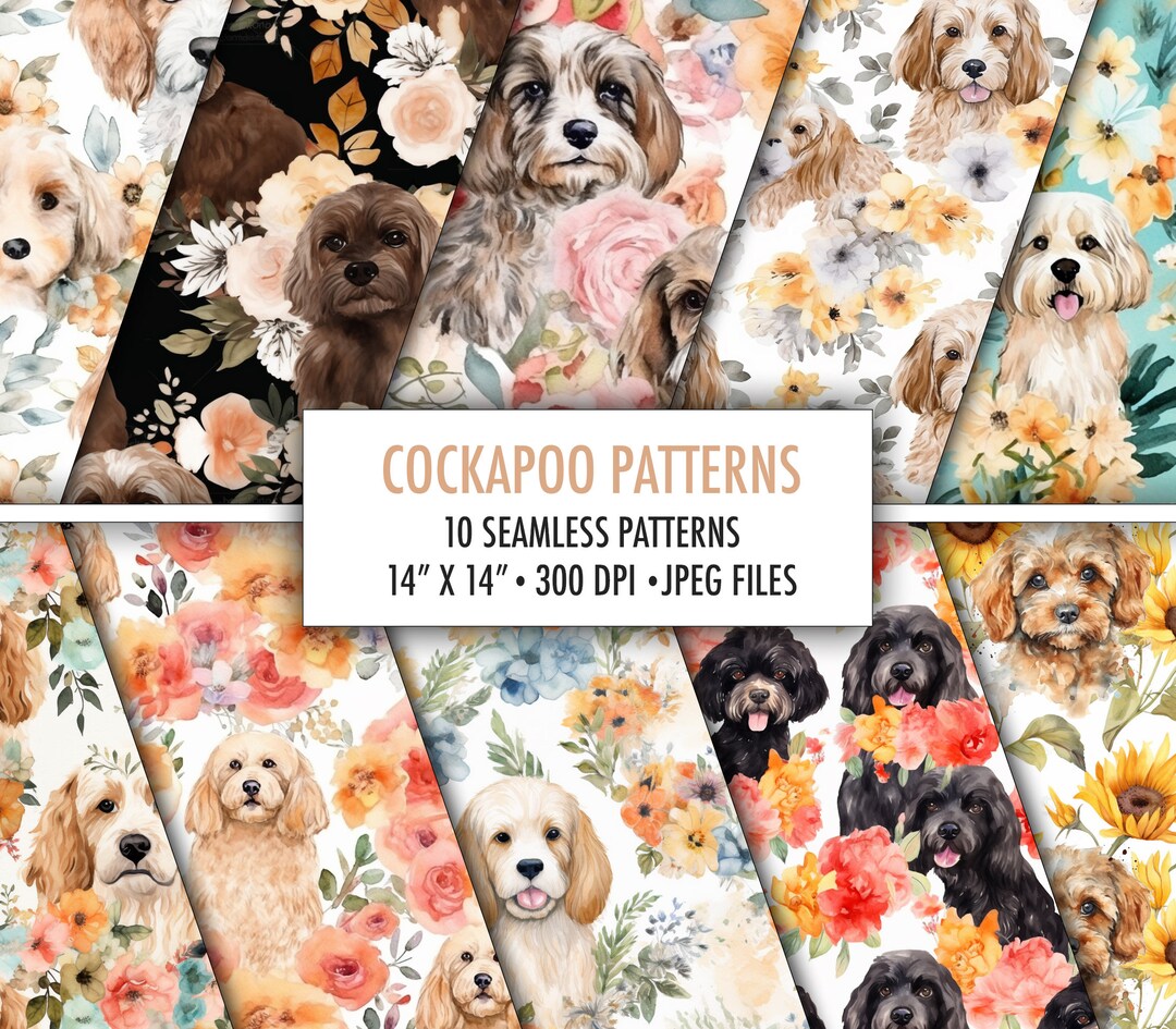 10 Seamless Watercolor Patterns of Cute Cockapoos and Puppies ...
