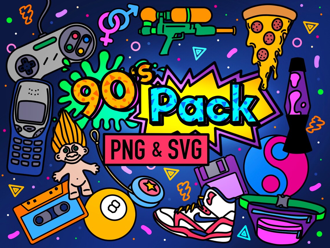 90's Pack Doodle SVG & PNG, 52 Nineties Illustrations Cut Files for ...