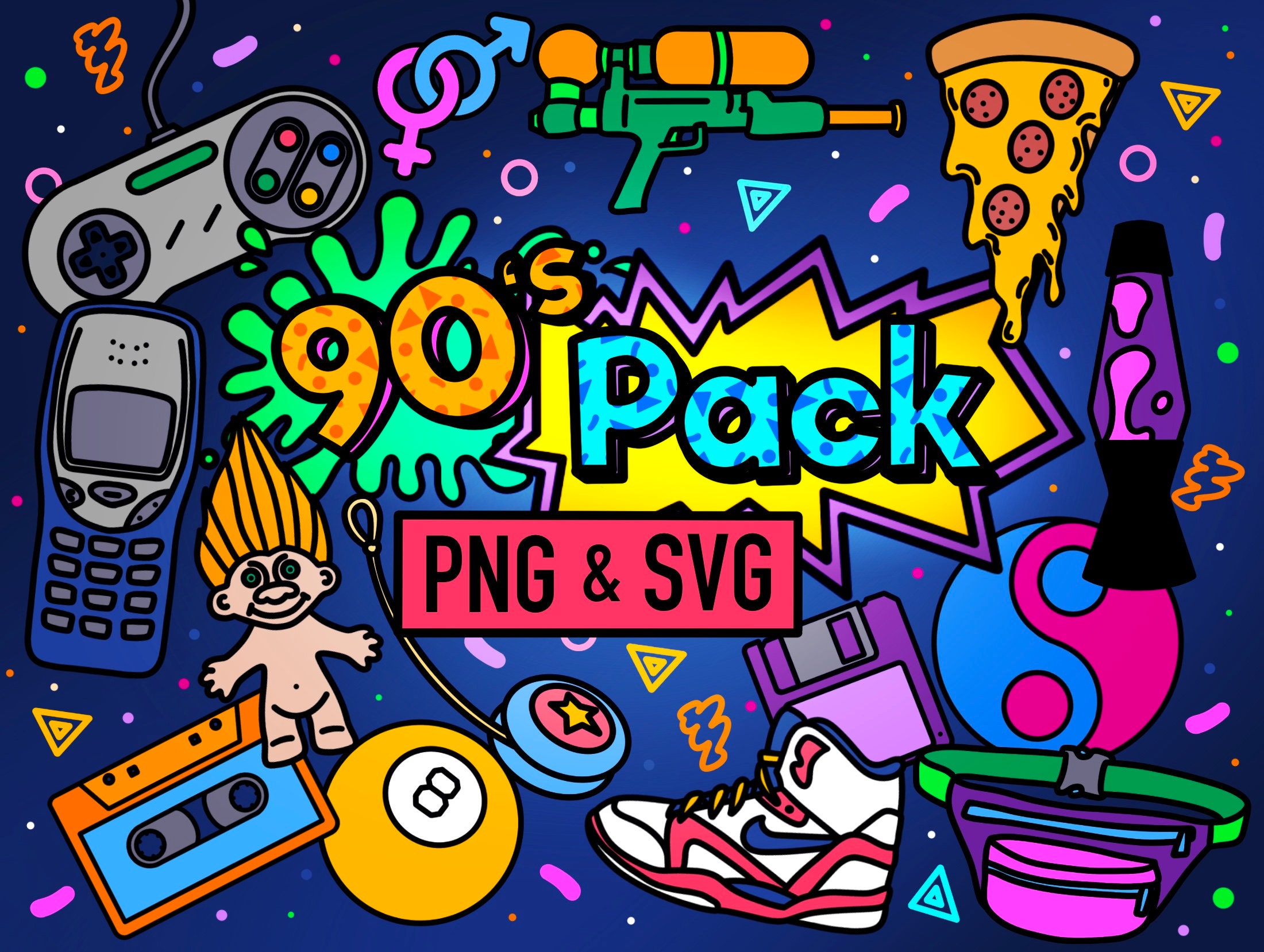 90's Pack Doodle SVG & PNG 52 Nineties Illustrations Cut - Etsy