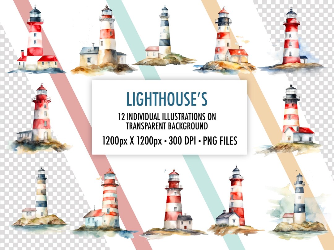 Watercolor Lighthouses Clipart, 12 Lighthouse, Beach, Seaside, Nautical ...