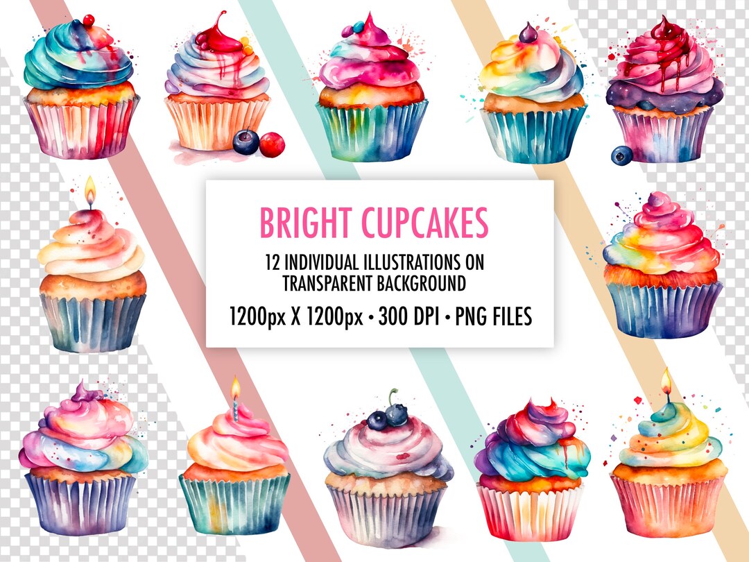 Bright Watercolor Cupcakes Clipart, Set of 12 Transparent Pngs ...