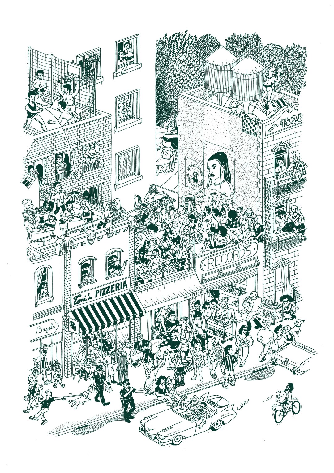 Brooklyn - Framed Risograph in A3 Format, Pine Green Tint - Numbered ...