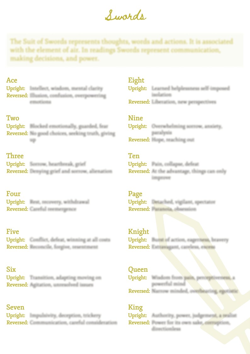 Printable Tarot Card Meanings Cheat Sheet: Upright, Reversed, Major ...