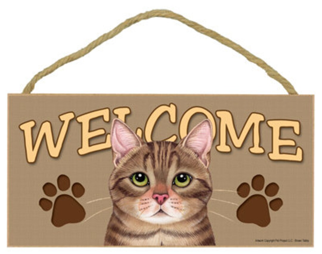 Welcome Brown Tabby Cat Sign Cute Wood Hanging Sign With Paw Prints ...