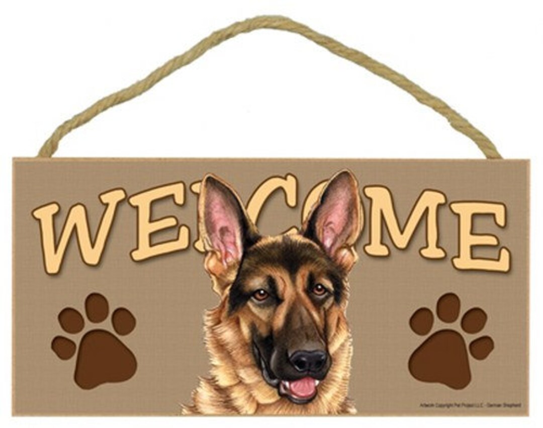 German Shepherd Welcome Hanging Dog Sign Cute With Paw Prints Wood Sign ...