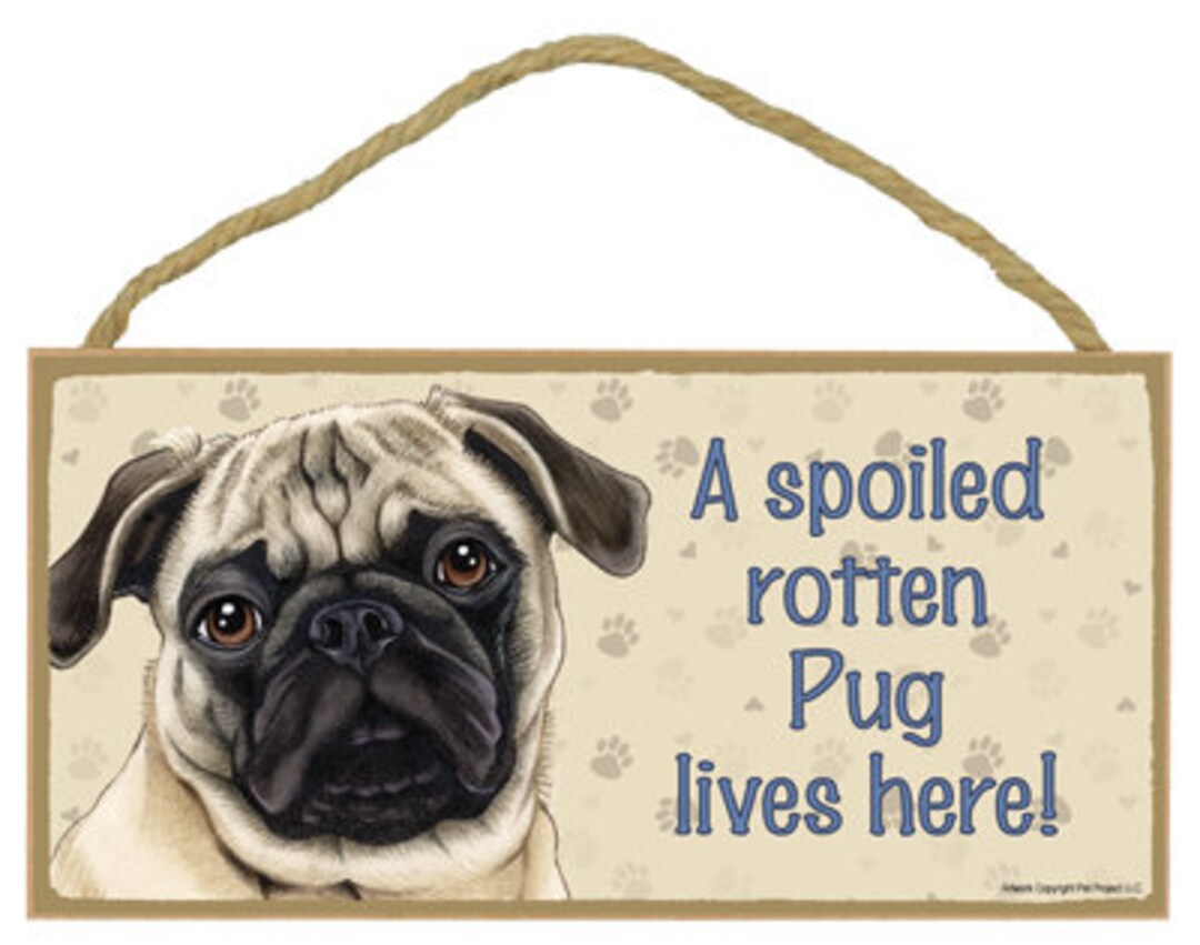 A Spoiled Rotten Pug Lives Here! Fawn Cute Made in the USA Wood Hanging ...