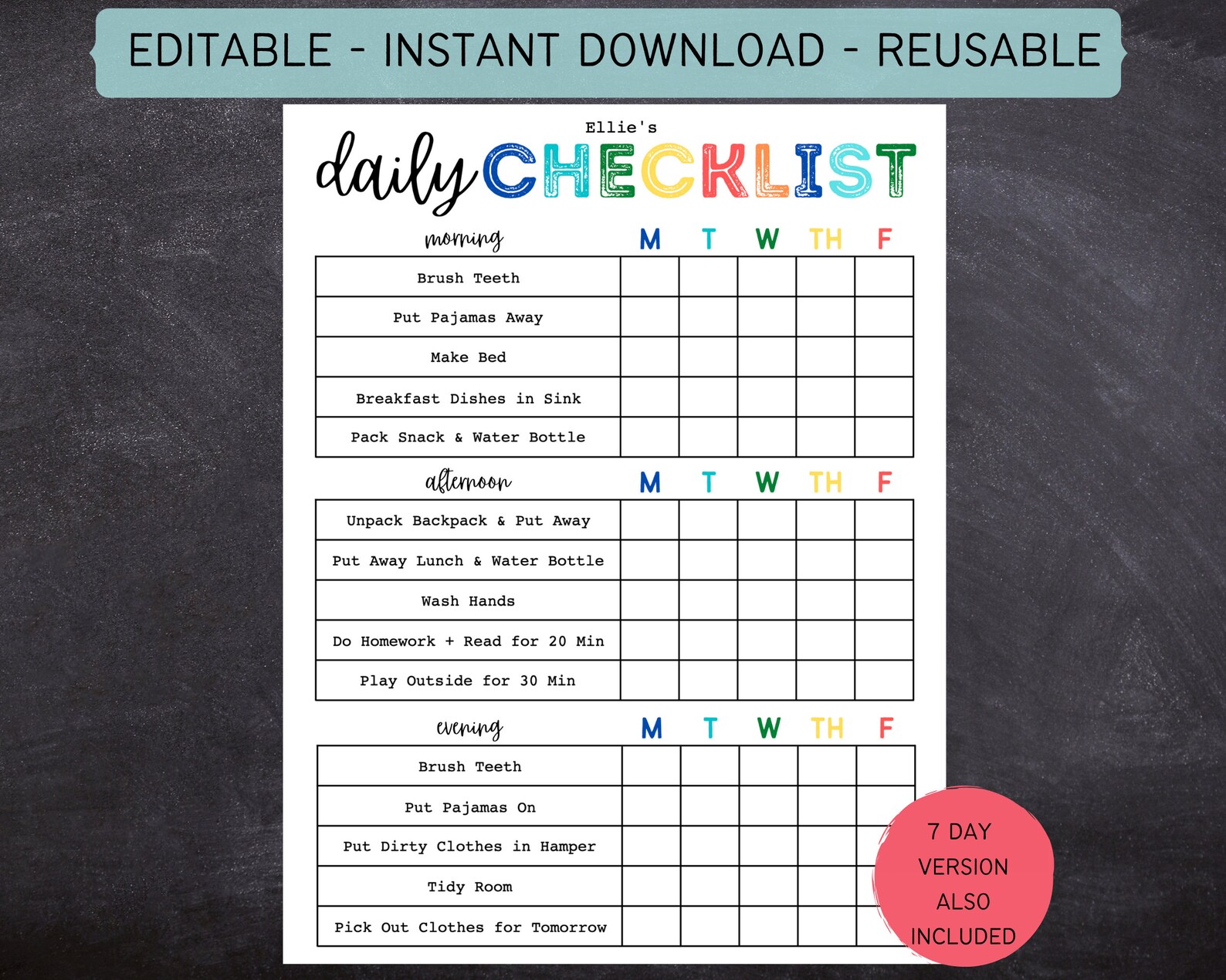 Printable Editable Daily Checklist for Kids Teens and Adults - Etsy