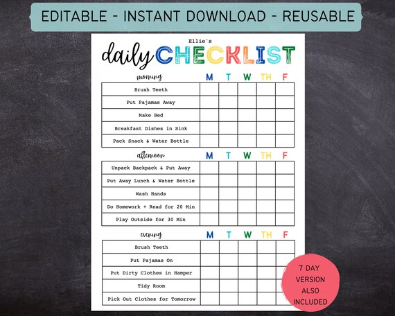 Printable Editable Daily Checklist for Kids Teens and Adults - Etsy