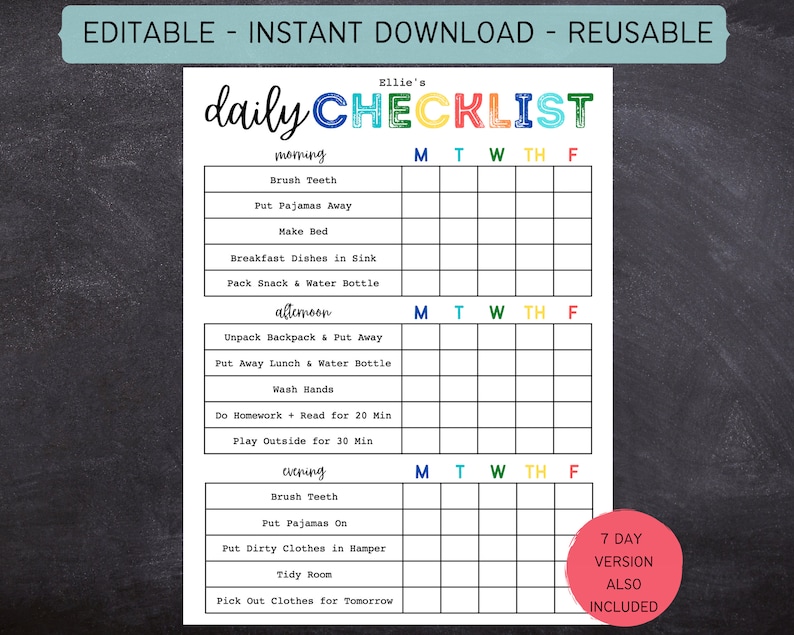 Printable Editable Daily Checklist for Kids Teens and Adults - Etsy