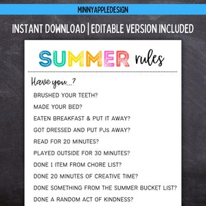 Printable SUMMER Rules for Kids | Chore Chart for Kids | Summer Rules ...