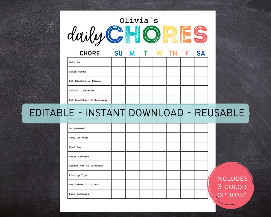 Printable Editable Daily/weekly Kids Chore Responsibility Chart ...