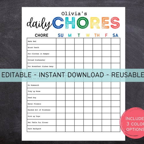 Printable Editable Daily Checklist for Kids Chore Chart for - Etsy