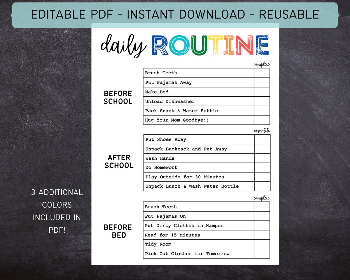 Printable Editable Daily Routine for Kids Chore Chart for - Etsy