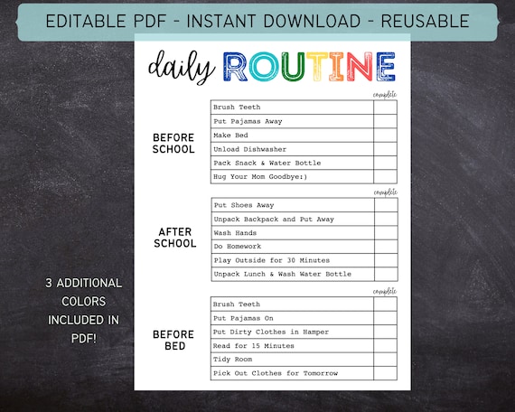 Printable Editable Daily Routine for Kids Chore Chart for - Etsy