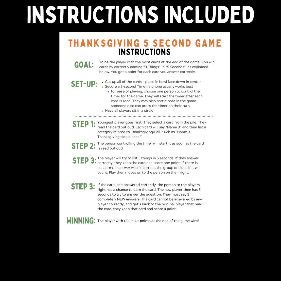 Thanksgiving 5 Second Game | Printable Thanksgiving Game | Thanksgiving ...