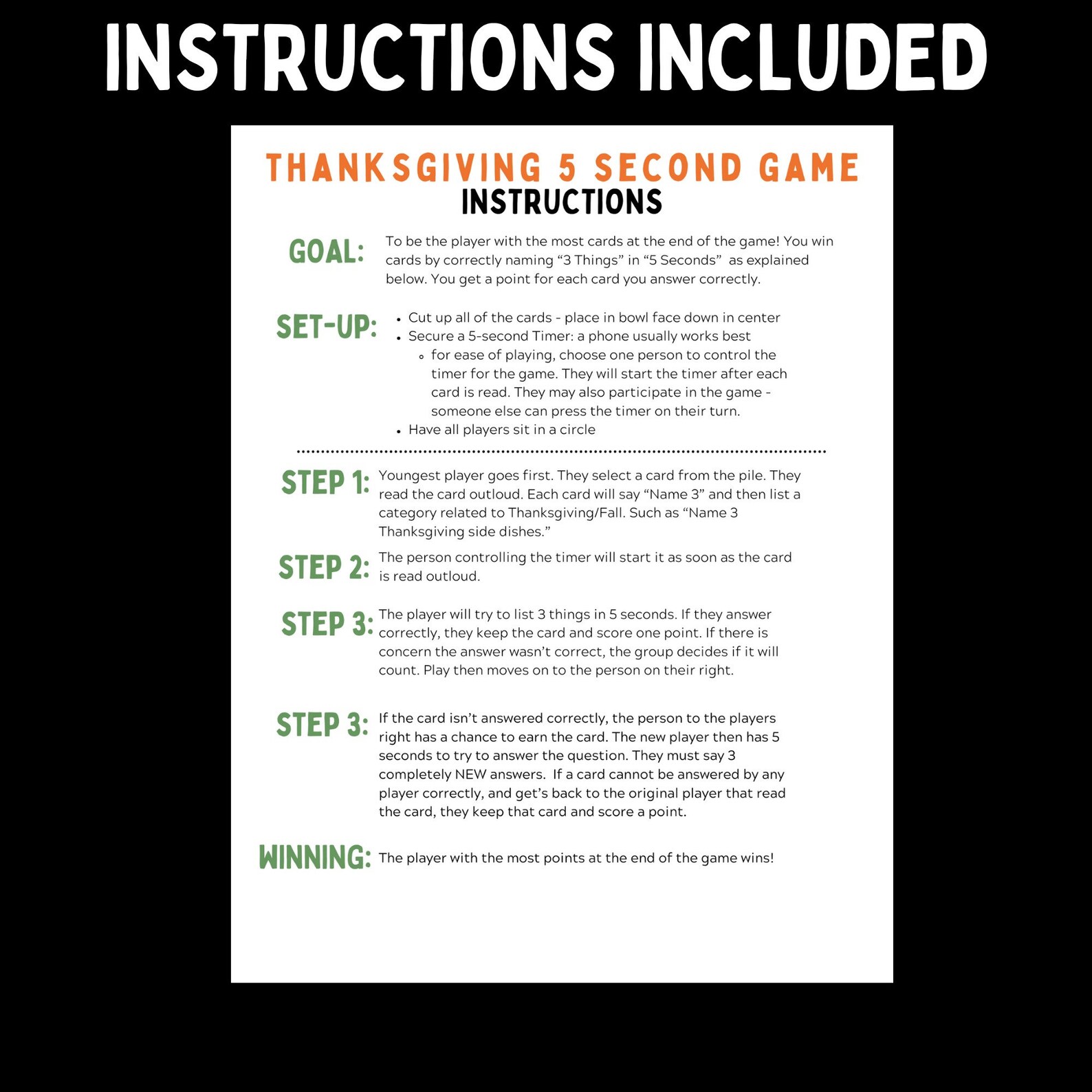 Thanksgiving 5 Second Game | Printable Thanksgiving Game | Thanksgiving ...