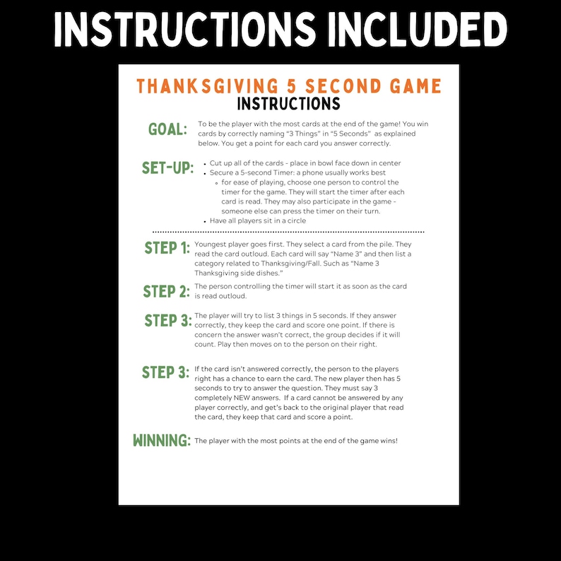 Thanksgiving 5 Second Game | Printable Thanksgiving Game | Thanksgiving ...