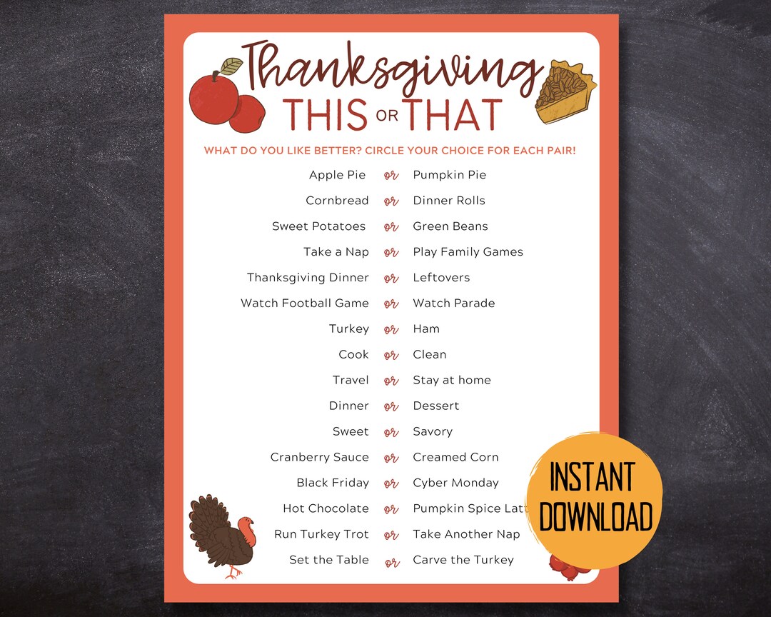 Thanksgiving This or That Game Thanksgiving Printable Game - Etsy